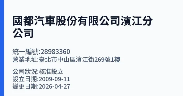 國都汽車股份有限公司濱江分公司的照片-統編 28983360(臺北市) 公司登記資料與營業項目詳細圖表