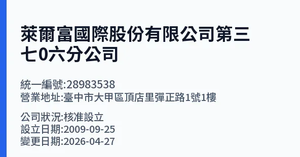萊爾富國際股份有限公司第三七0六分公司的照片-統編 28983538(臺中市) 公司登記資料與營業項目詳細圖表