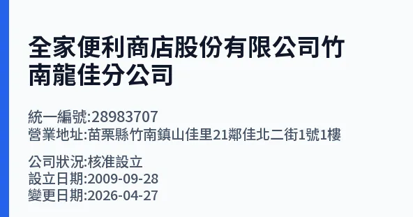 全家便利商店股份有限公司竹南龍佳分公司的照片-統編 28983707(苗栗縣) 公司登記資料與營業項目詳細圖表