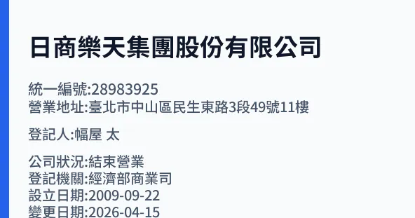 日商樂天集團股份有限公司的照片-統編 28983925(臺北市) 公司登記資料與營業項目詳細圖表
