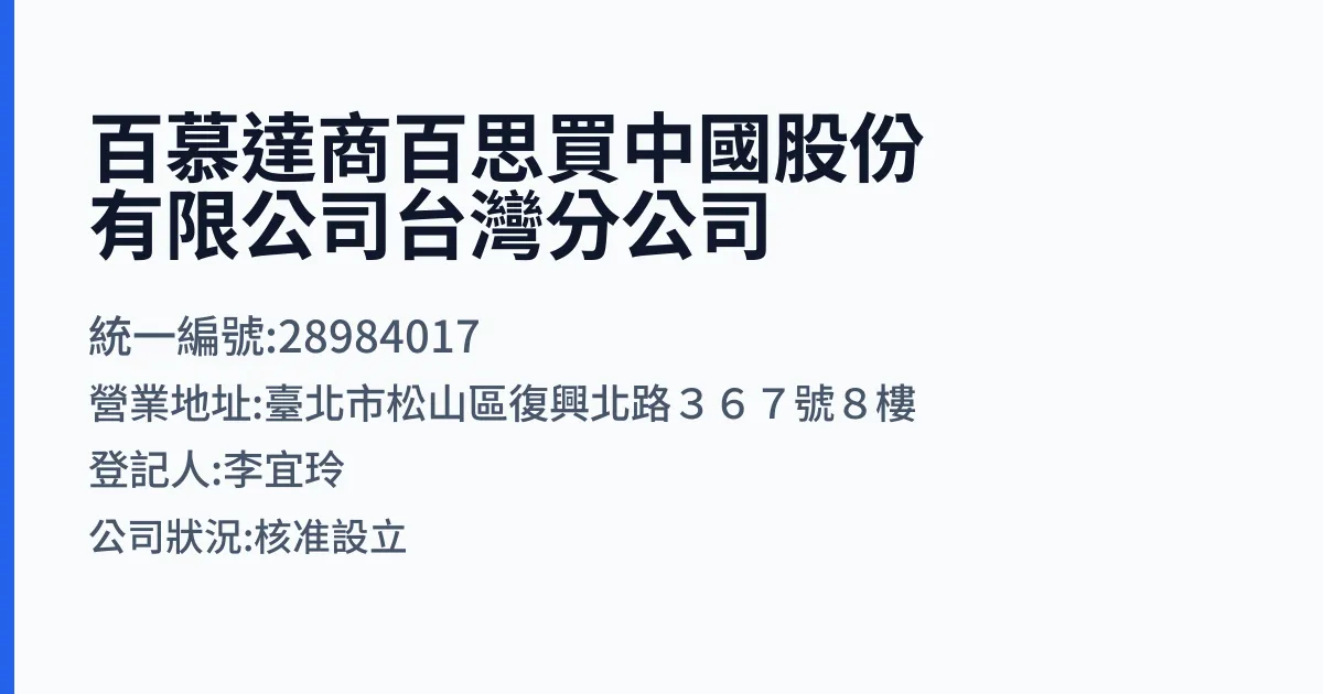 百慕達商百思買中國股份有限公司台灣分公司 - 統編 28984017(臺北市) 公司登記資料與營業項目詳細圖表