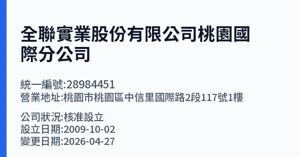 全聯實業股份有限公司桃園國際分公司的照片-統編 28984451(桃園市) 公司登記資料與營業項目詳細圖表