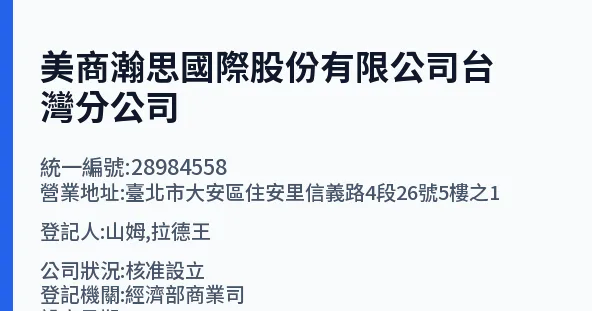 美商瀚思國際股份有限公司台灣分公司的照片-統編 28984558(臺北市) 公司登記資料與營業項目詳細圖表