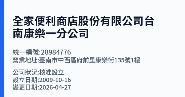 全家便利商店股份有限公司台南康樂一分公司的照片-統編 28984776(臺南市) 公司登記資料與營業項目詳細圖表