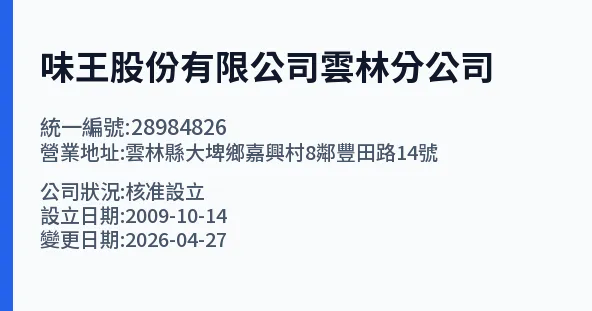 味王股份有限公司雲林分公司的照片-統編 28984826(雲林縣) 公司登記資料與營業項目詳細圖表