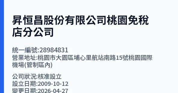 昇恒昌股份有限公司桃園免稅店分公司的照片-統編 28984831(桃園市) 公司登記資料與營業項目詳細圖表