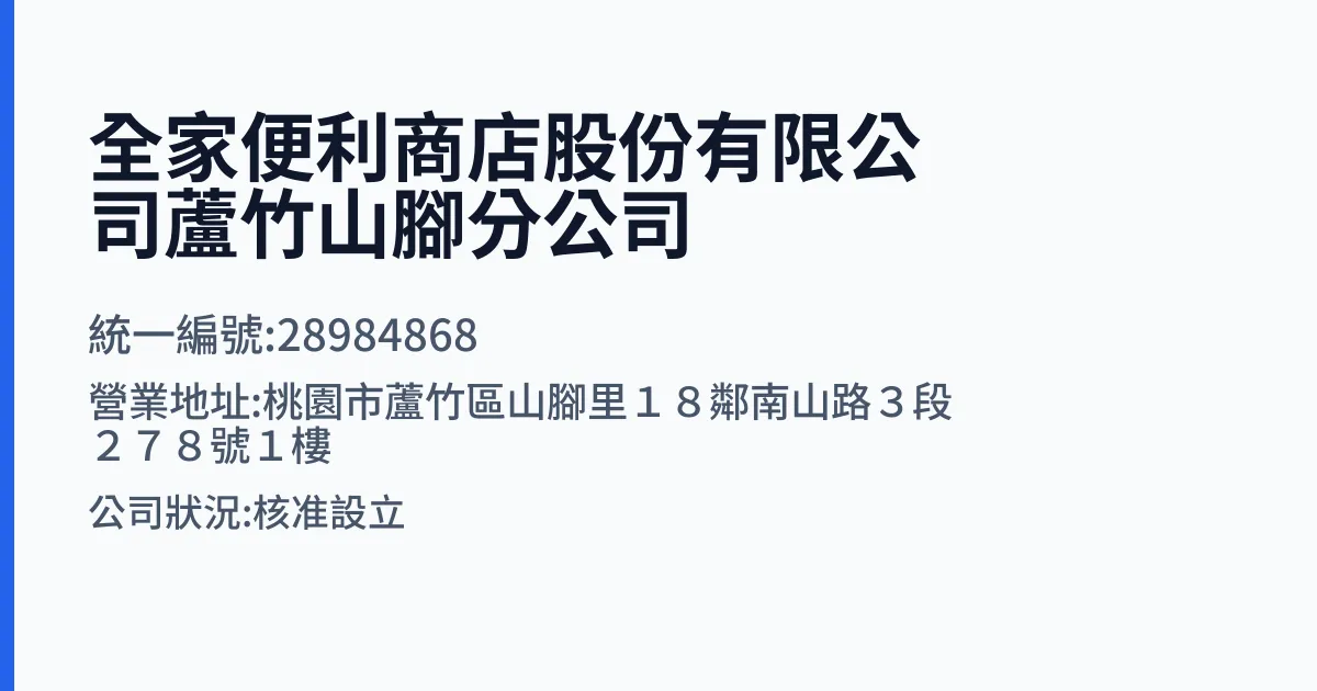 全家便利商店股份有限公司蘆竹山腳分公司 - 統編 28984868(桃園市) 公司登記資料與營業項目詳細圖表