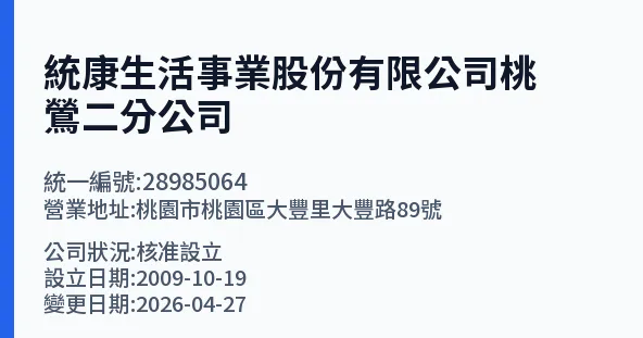 統康生活事業股份有限公司桃鶯二分公司的照片-統編 28985064(桃園市) 公司登記資料與營業項目詳細圖表