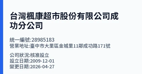 台灣楓康超市股份有限公司成功分公司的照片-統編 28985183(臺中市) 公司登記資料與營業項目詳細圖表