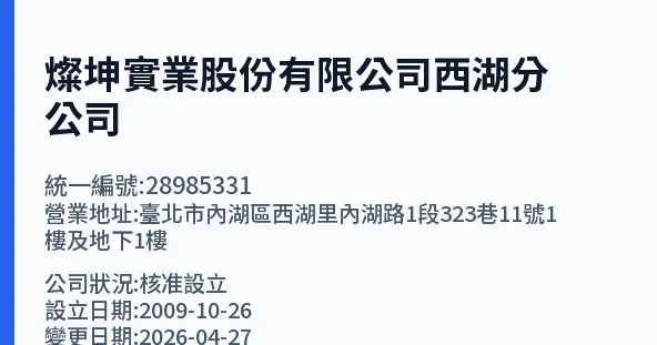 燦坤實業股份有限公司西湖分公司的照片-統編 28985331(臺北市) 公司登記資料與營業項目詳細圖表