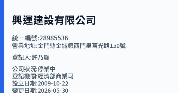 興運建設有限公司的照片-統編 28985536(金門縣) 公司登記資料與營業項目詳細圖表