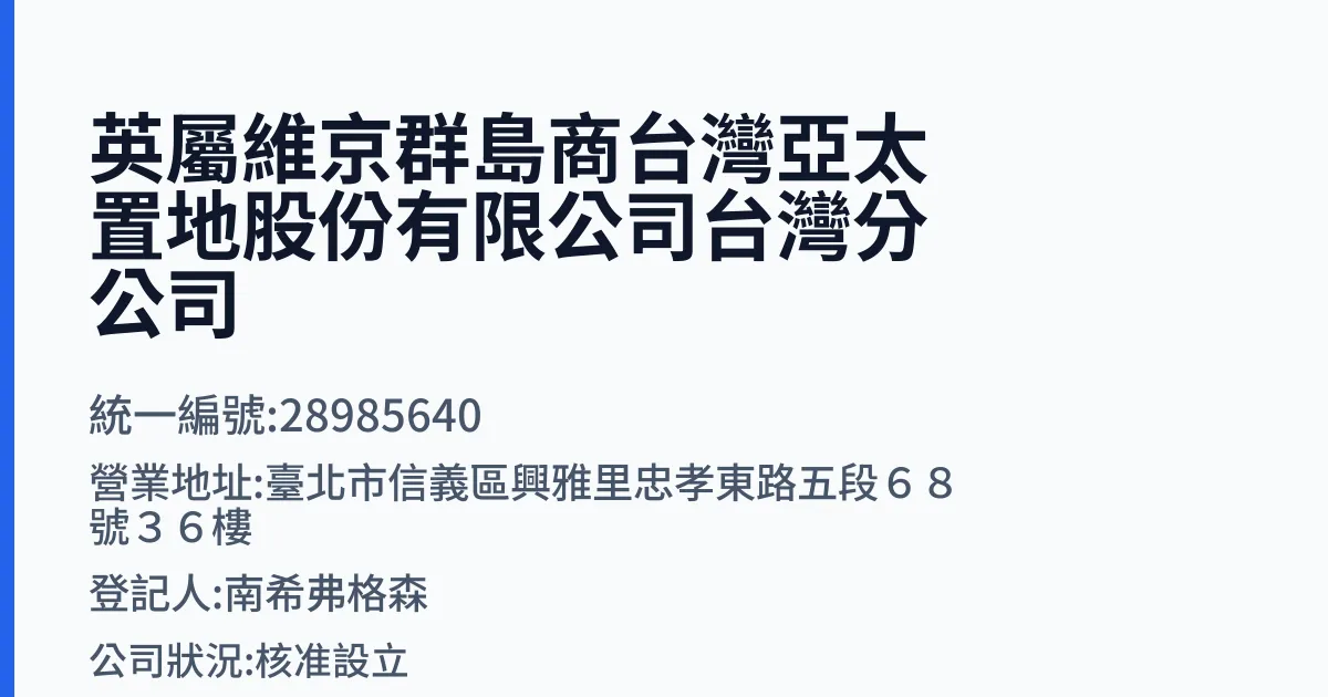 英屬維京群島商台灣亞太置地股份有限公司台灣分公司 - 統編 28985640(臺北市) 公司登記資料與營業項目詳細圖表