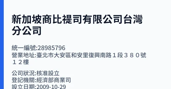新加坡商比禔司有限公司台灣分公司的照片-統編 28985796(臺北市) 公司登記資料與營業項目詳細圖表