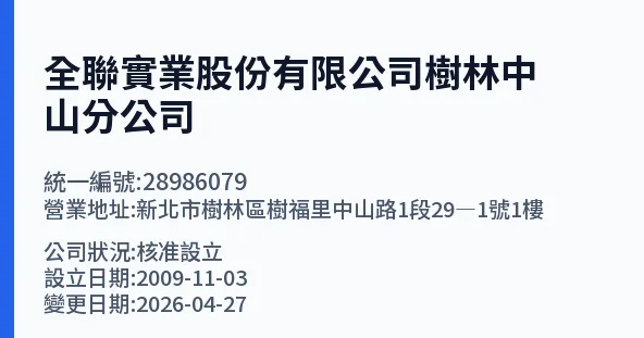 全聯實業股份有限公司樹林中山分公司的照片-統編 28986079(新北市) 公司登記資料與營業項目詳細圖表