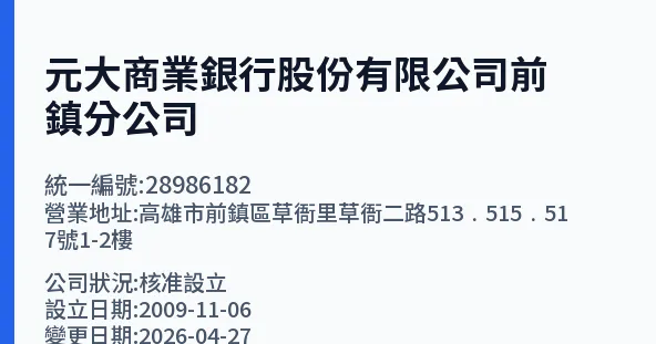 元大商業銀行股份有限公司前鎮分公司的照片-統編 28986182(高雄市) 公司登記資料與營業項目詳細圖表