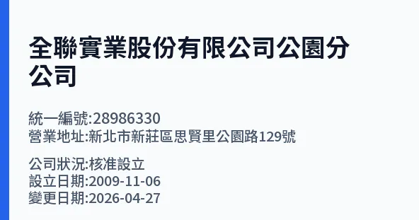 全聯實業股份有限公司公園分公司的照片-統編 28986330(新北市) 公司登記資料與營業項目詳細圖表