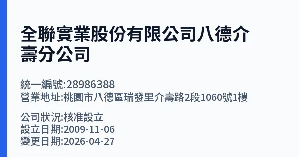 全聯實業股份有限公司八德介壽分公司的照片-統編 28986388(桃園市) 公司登記資料與營業項目詳細圖表