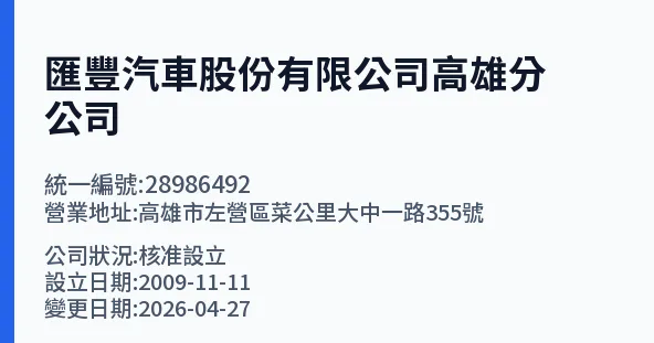 匯豐汽車股份有限公司高雄分公司的照片-統編 28986492(高雄市) 公司登記資料與營業項目詳細圖表