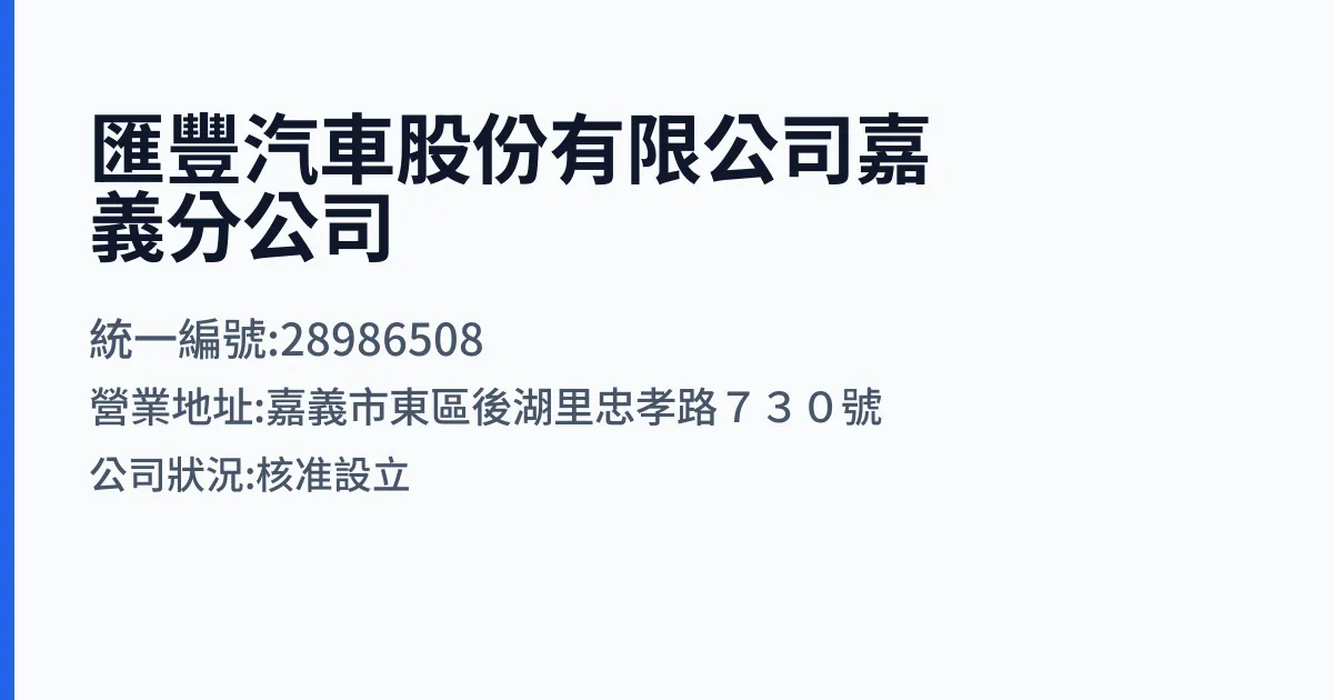 匯豐汽車股份有限公司嘉義分公司 - 統編 28986508(嘉義市) 公司登記資料與營業項目詳細圖表