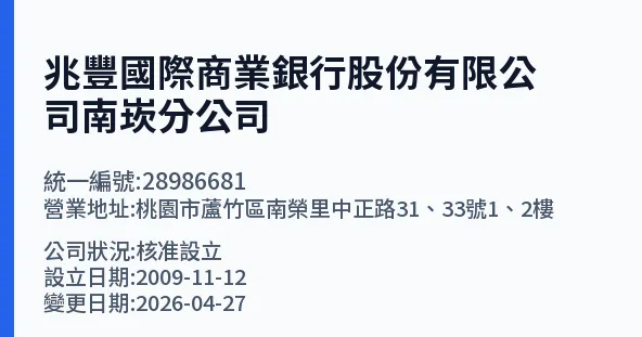 兆豐國際商業銀行股份有限公司南崁分公司的照片-統編 28986681(桃園市) 公司登記資料與營業項目詳細圖表