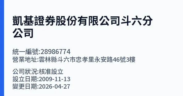 凱基證券股份有限公司斗六分公司的照片-統編 28986774(雲林縣) 公司登記資料與營業項目詳細圖表