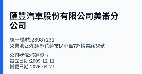 匯豐汽車股份有限公司美崙分公司的照片-統編 28987231(花蓮縣) 公司登記資料與營業項目詳細圖表