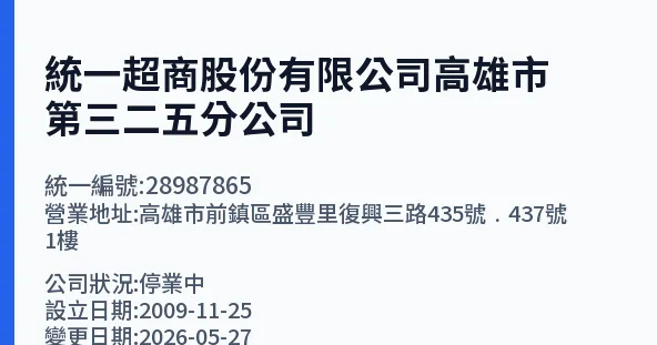 統一超商股份有限公司高雄市第三二五分公司的照片-統編 28987865(高雄市) 公司登記資料與營業項目詳細圖表