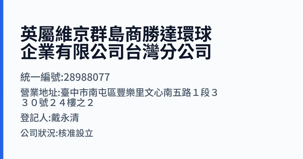 英屬維京群島商勝達環球企業有限公司台灣分公司 - 統編 28988077(臺中市) 公司登記資料與營業項目詳細圖表