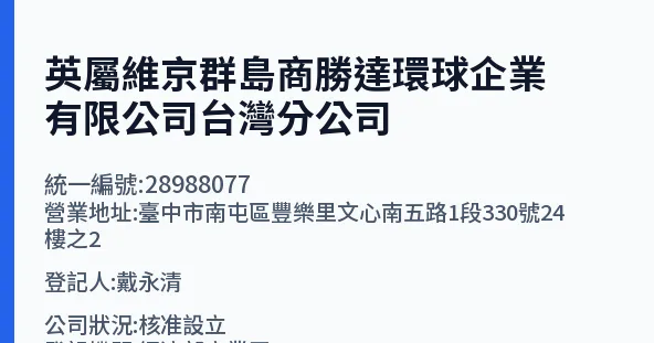 英屬維京群島商勝達環球企業有限公司台灣分公司的照片-統編 28988077(臺中市) 公司登記資料與營業項目詳細圖表