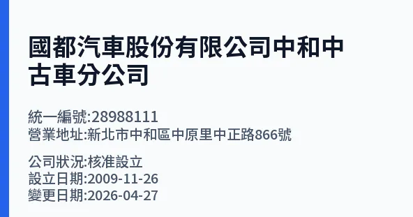國都汽車股份有限公司中和中古車分公司的照片-統編 28988111(新北市) 公司登記資料與營業項目詳細圖表