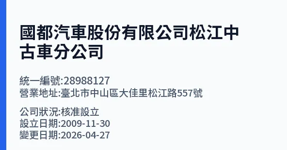 國都汽車股份有限公司松江中古車分公司的照片-統編 28988127(臺北市) 公司登記資料與營業項目詳細圖表