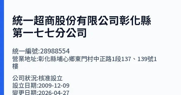 統一超商股份有限公司彰化縣第一七七分公司的照片-統編 28988554(彰化縣) 公司登記資料與營業項目詳細圖表