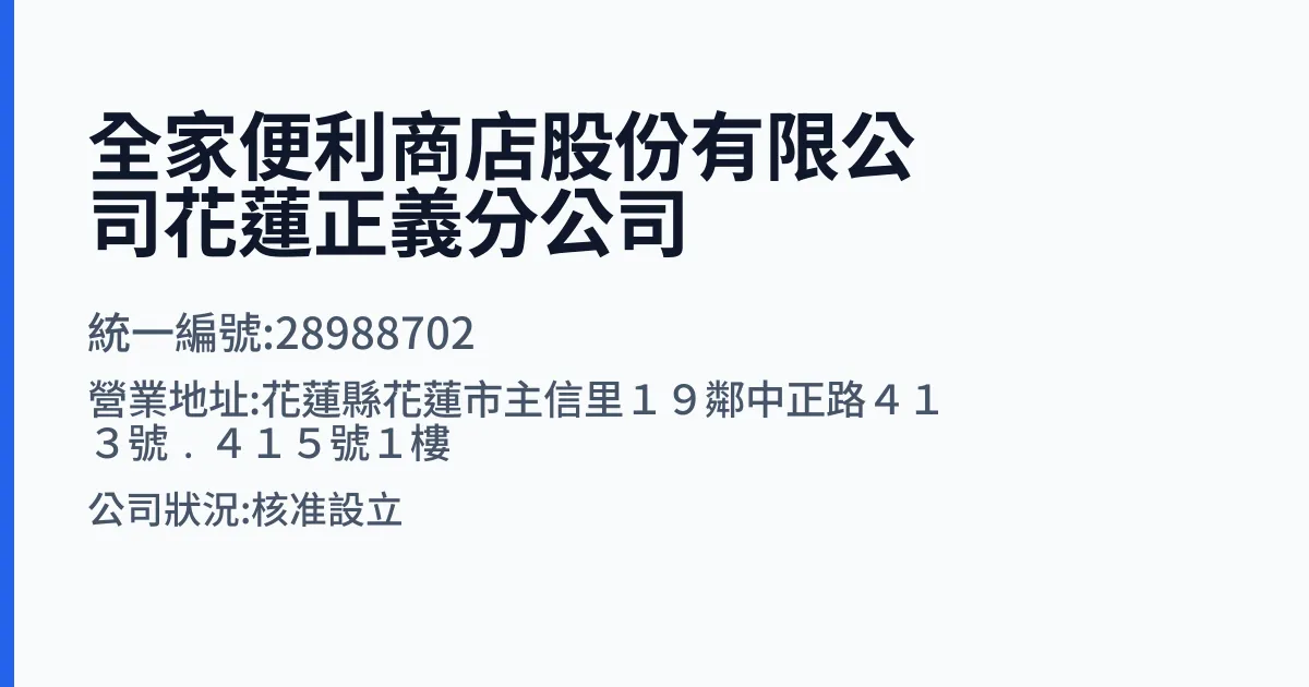 全家便利商店股份有限公司花蓮正義分公司 - 統編 28988702(花蓮縣) 公司登記資料與營業項目詳細圖表