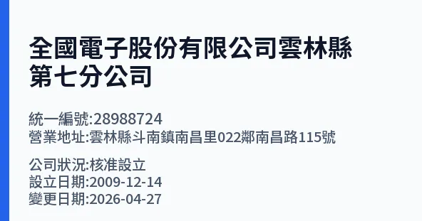 全國電子股份有限公司雲林縣第七分公司的照片-統編 28988724(雲林縣) 公司登記資料與營業項目詳細圖表