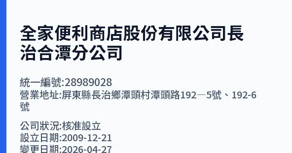 全家便利商店股份有限公司長治合潭分公司的照片-統編 28989028(屏東縣) 公司登記資料與營業項目詳細圖表