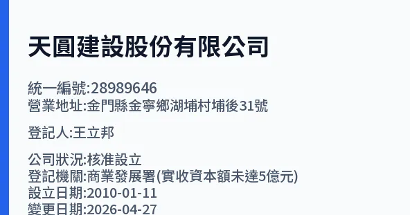 天圓建設股份有限公司的照片-統編 28989646(金門縣) 公司登記資料與營業項目詳細圖表