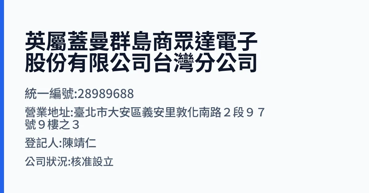 英屬蓋曼群島商眾達電子股份有限公司台灣分公司 - 統編 28989688(臺北市) 公司登記資料與營業項目詳細圖表
