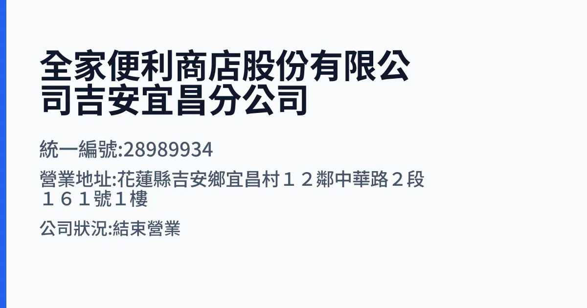 全家便利商店股份有限公司吉安宜昌分公司 - 統編 28989934(花蓮縣) 公司登記資料與營業項目詳細圖表