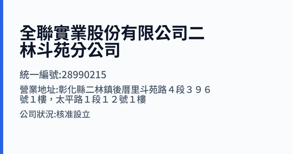 全聯實業股份有限公司二林斗苑分公司 - 統編 28990215(彰化縣) 公司登記資料與營業項目詳細圖表