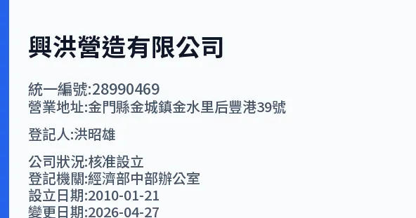 興洪營造有限公司的照片-統編 28990469(金門縣) 公司登記資料與營業項目詳細圖表