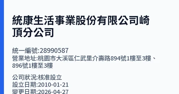 統康生活事業股份有限公司崎頂分公司的照片-統編 28990587(桃園市) 公司登記資料與營業項目詳細圖表