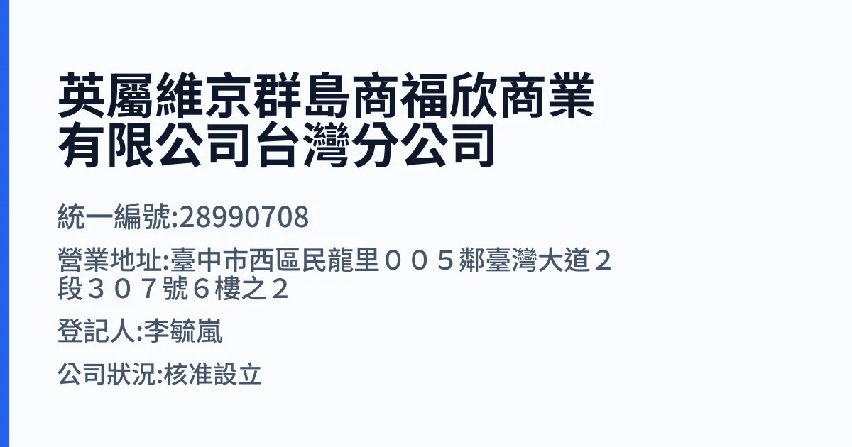 英屬維京群島商福欣商業有限公司台灣分公司 - 統編 28990708(臺中市) 公司登記資料與營業項目詳細圖表