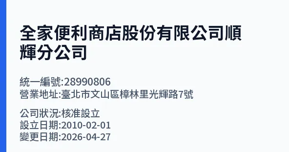 全家便利商店股份有限公司順輝分公司的照片-統編 28990806(臺北市) 公司登記資料與營業項目詳細圖表
