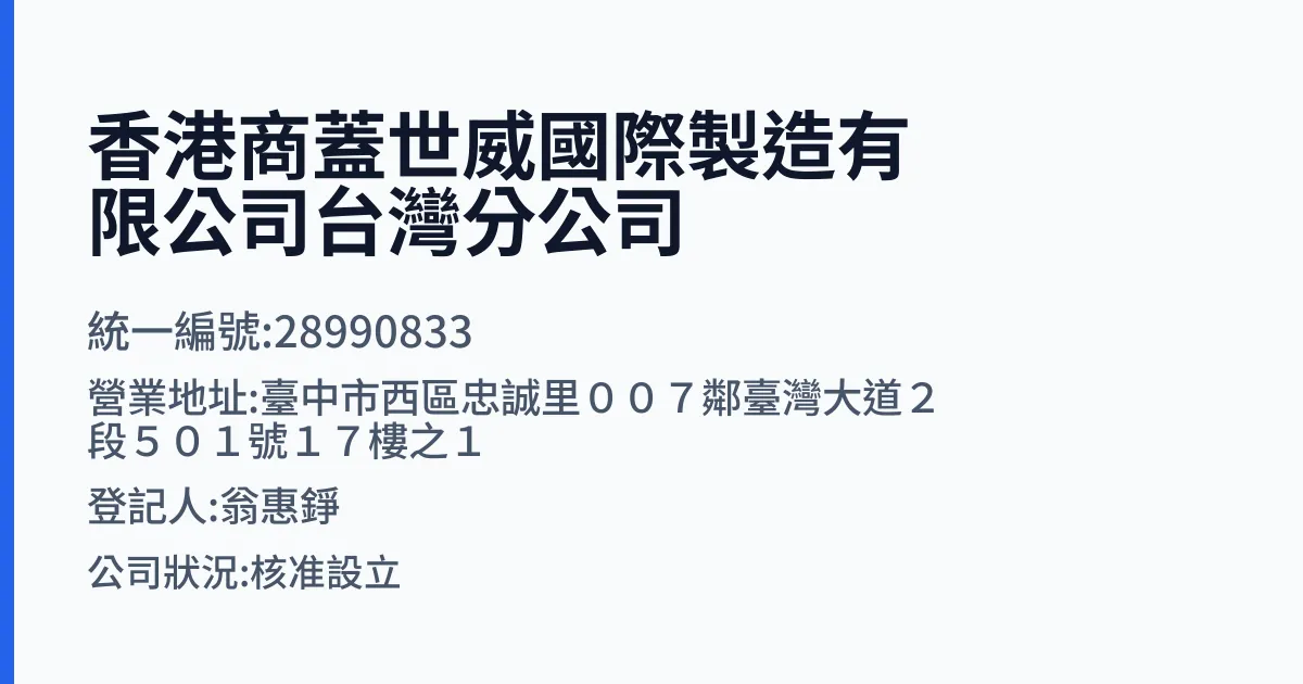 香港商蓋世威國際製造有限公司台灣分公司 - 統編 28990833(臺中市) 公司登記資料與營業項目詳細圖表
