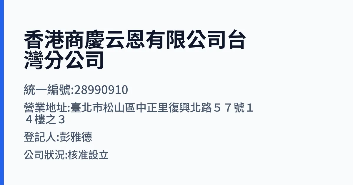 香港商慶云恩有限公司台灣分公司 - 統編 28990910(臺北市) 公司登記資料與營業項目詳細圖表