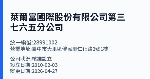 萊爾富國際股份有限公司第三七六五分公司的照片-統編 28991002(臺中市) 公司登記資料與營業項目詳細圖表