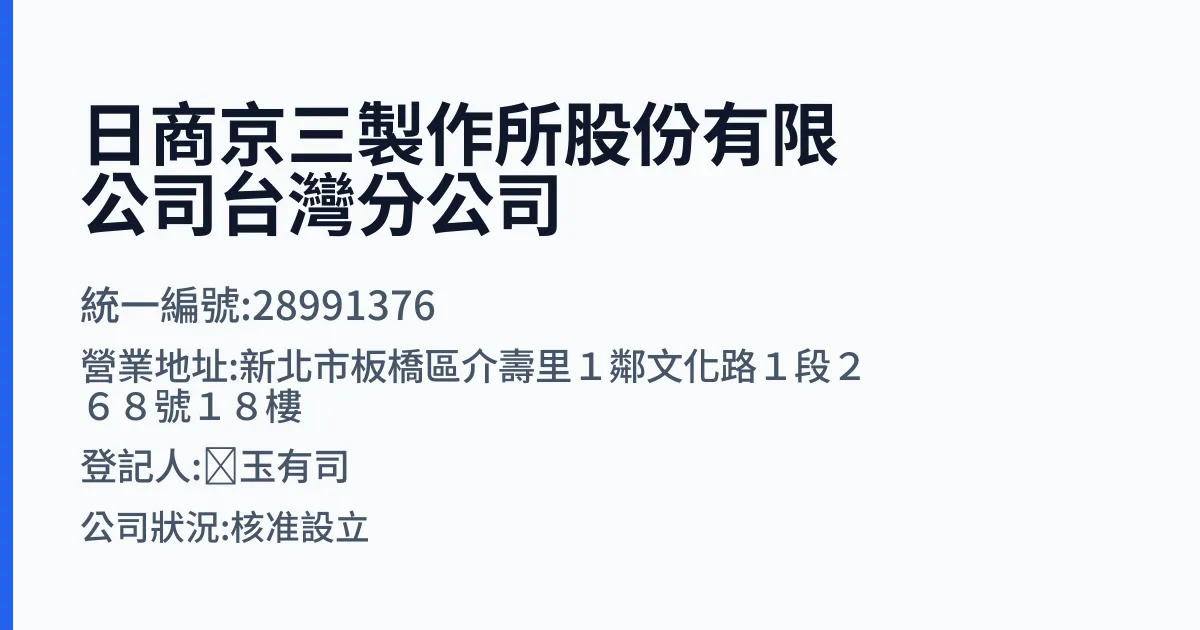 日商京三製作所股份有限公司台灣分公司 - 統編 28991376(新北市) 公司登記資料與營業項目詳細圖表