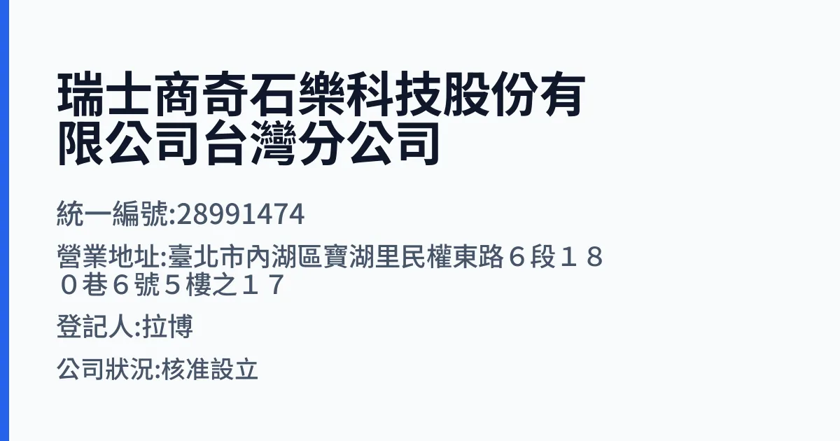 瑞士商奇石樂科技股份有限公司台灣分公司 - 統編 28991474（臺北市） 公司登記資料與營業項目詳細圖表