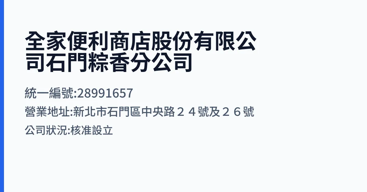 全家便利商店股份有限公司石門粽香分公司 - 統編 28991657(新北市) 公司登記資料與營業項目詳細圖表