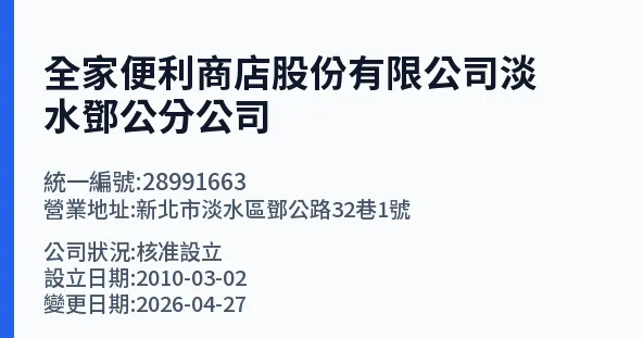 全家便利商店股份有限公司淡水鄧公分公司的照片-統編 28991663(新北市) 公司登記資料與營業項目詳細圖表